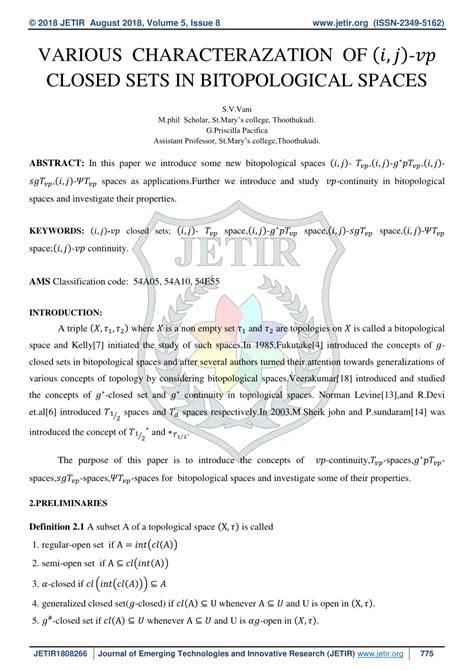 Pdf Various Characterazation Of 𝑖𝑗 𝑣𝑝 Closed Sets In Bitopological