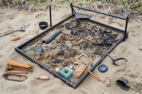 Metal Detector Frame With Objects And Items Unearthed By The Metal Detector Stock Illustration
