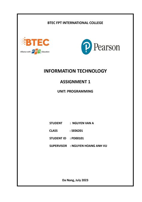 Outline Asm1 Programming 2022 Btec Fpt International College Information Technology Assignment