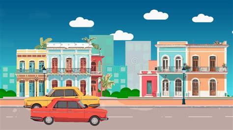 Vintage Cuban Street In Cartoon 2d Vector Animation With Colorful Cars