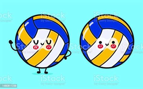 귀여운 재미 있는 배구가 손을 흔든다 벡터 손으로 그린 만화 Kawaii 캐릭터 그림 아이콘입니다 파란색 배경에 격리되어 있습니다 배구 공 캐릭터 개념 가죽에 대한 스톡