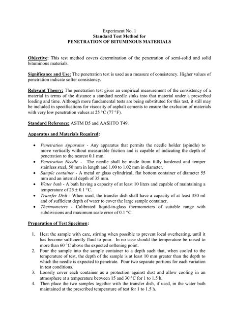Experiment No 1 Standard Test Method For Penetration Of Bituminous