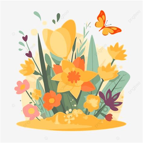 무료 스프링 벡터 노란색 꽃과 나비 만화와 스티커 클립 아트 봄 배경 상표 클립 아트 Png 일러스트 및 벡터 에 대한