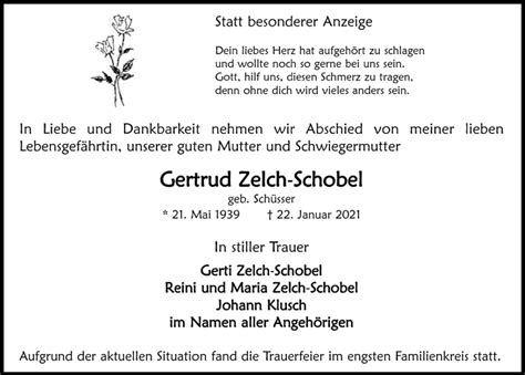 Traueranzeigen Von Gertrud Zelch Schobel Wirtrauern