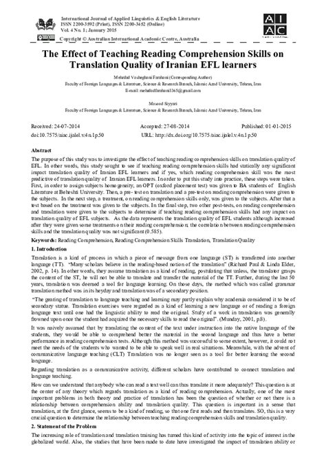 Pdf The Effect Of Teaching Reading Comprehension Skills On Translation Quality Of Iranian Efl