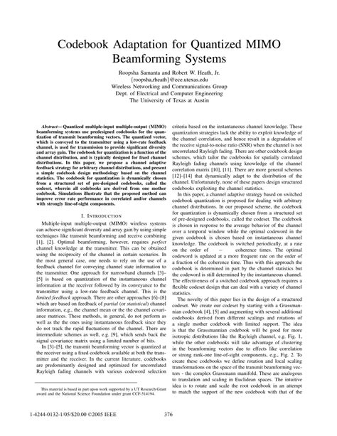 Pdf Codebook Adaptation For Quantized Mimo Beamforming Systems