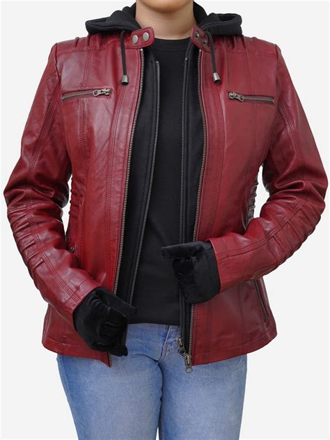 Womens Red Real Lambskin Hooded Leather Jacket
