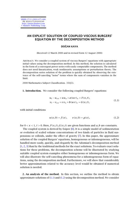 Pdf An Explicit Solution Of Coupled Viscous Burgers Equation By The