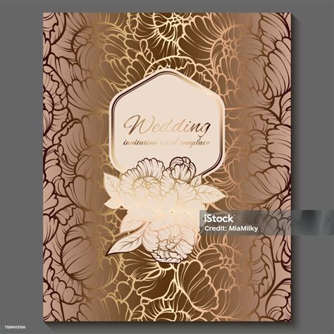 골동품 로얄 럭셔리 웨딩 초대장 흰색 배경에 금색 프레임과 텍스트 장소 장미 또는 모란으로 만든 레이스 단풍 빛나는 그라데이션 0명에 대한 스톡 벡터 아트 및 기타 이미지