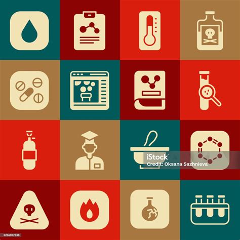 테스트 튜브와 플라스크 벤젠 링의 수식 의료 온도계 화학 온라인 의학 알약 정제 물방울 및 화학 책 아이콘을 설정합니다 벡터 건강 검진에 대한 스톡 벡터 아트 및 기타