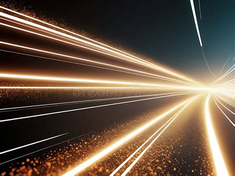 Golden Light Streaks Converge In A Dark Abstract Space Stock