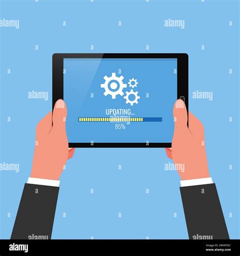 hand holding tablet with system being updated symbol stock vector image