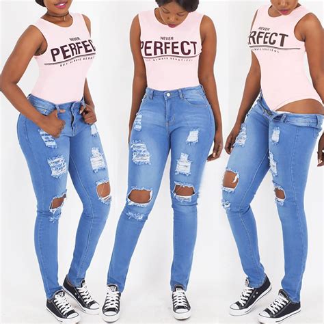 Slim Fit Boyfriend Pants Denim Ripped Jeans Elastic Hole Leggings Fashion Womens Fashion