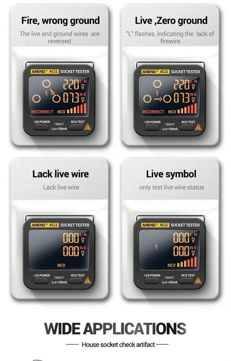 Aneng Ac11 Voltage Test Socket Detector Ground Zero Line Phase Check Rcd Ncv Test Digital Smart