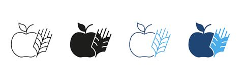 사과와 밀 라인과 실루엣 아이콘 세트입니다 건강한 음식과 비건 채식 개념 영양 및 식물 기반 다이어트 아이콘입니다 편집 가능한 스트로크 고립 된 벡터 일러스트 레이 션 0