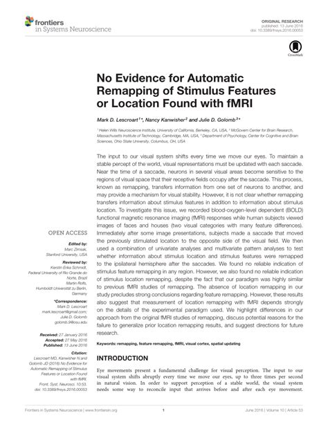 Pdf No Evidence For Automatic Remapping Of Stimulus Features Or Location Found With Fmri