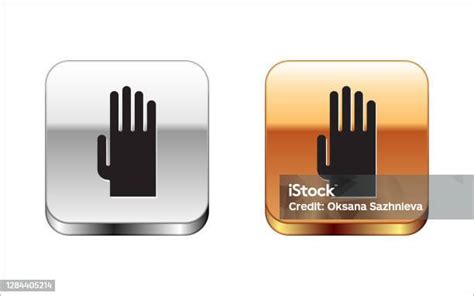 흰색 배경에 격리 된 검은 고무 장갑 아이콘 라텍스 손 보호 표지판 집안일 청소 장비 기호 실버 골드 스퀘어 버튼 벡터 일러스트레이션 가사 집안일에 대한 스톡 벡터 아트 및