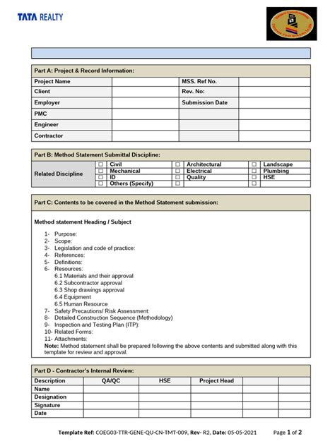 Method Statement Submission Template Pdf