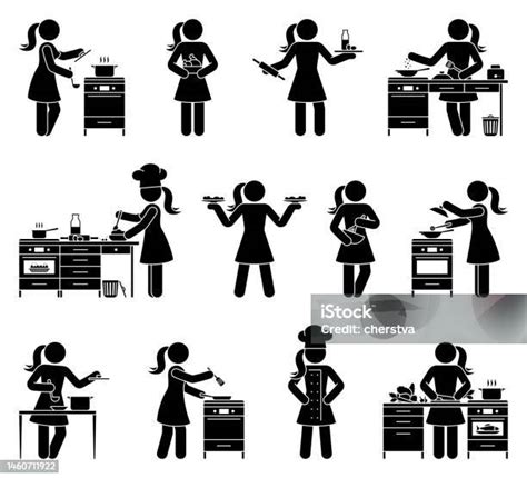아침 점심 저녁 식사 벡터 일러스트 세트를 만드는 스틱 그림 여자 스틱맨 사람 요리 홈 레스토랑 주방 아이콘 픽토그램 아이콘에 대한 스톡 벡터 아트 및 기타 이미지 Istock