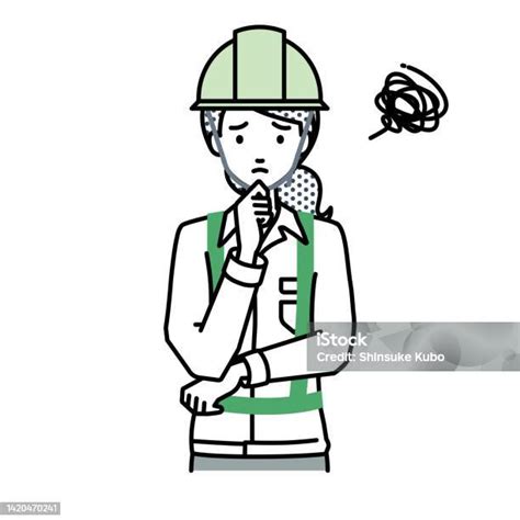 그녀의 턱에 그녀의 손가락으로 서 문제가 건설 현장에서 일하는 여자 걱정하는에 대한 스톡 벡터 아트 및 기타 이미지 걱정하는 건축가 공사장 인부 Istock