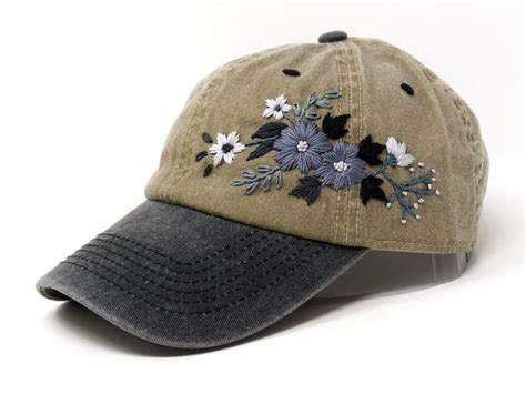Bohemian Flower Curved Brim Sun Hat Black Khaki Handmade Embroidery