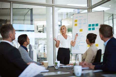 Presentation Woman And Whiteboard With Staff In Office For Workflow Steps Diagram And Teamwork