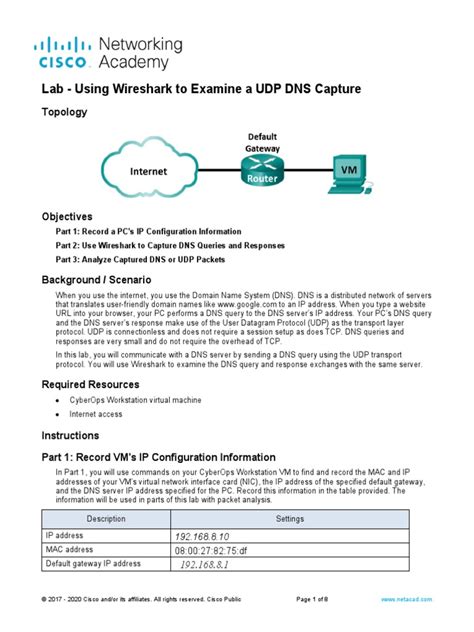 10 2 7 Lab Using Wireshark To Examine A Udp Dns Capture Pdf Port Computer Networking