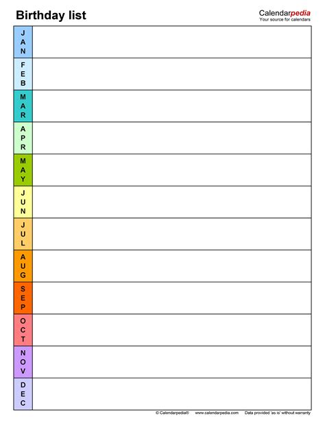 Birthday Lists Free Printable Microsoft Word Templates