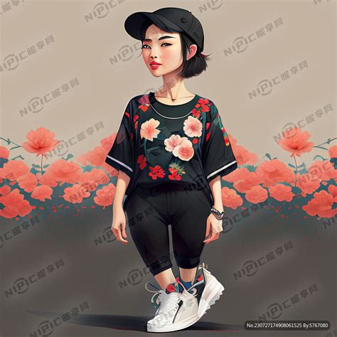 Ai创作图戴帽子的短发女生 穿花衬衫 黑色裤子 运动鞋 昵图网