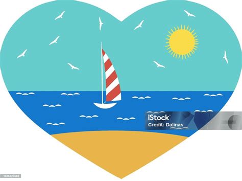 마음 속에 바다 하트 모양의 갈매기 벡터 플랫 디자인 Eps10을 가진 파도에 추상범 범선 갈매기에 대한 스톡 벡터 아트 및 기타 이미지 Istock
