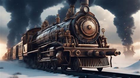 Old Train Rocket Powered Steampunk Train Billowing Smoke Traveling To A Futuristic Dystopian