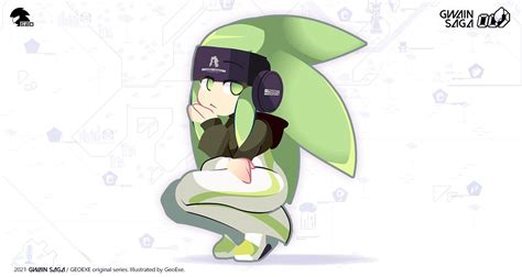 Geoexe Gwain Saga Non Web Source Girl Blunt Bangs Green Eyes Green Hair Long Hair Solo