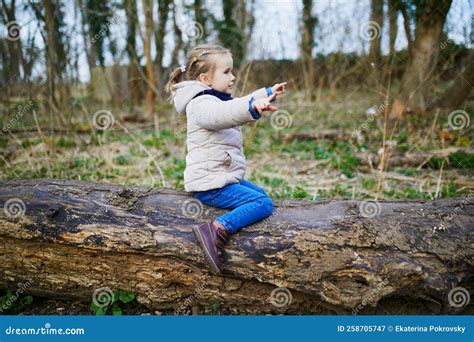 Adorable Preschooler Girl Sitting On Log And Having Fun In Spring