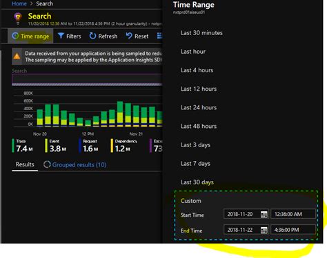 how to show utc for time range search in application insights stack