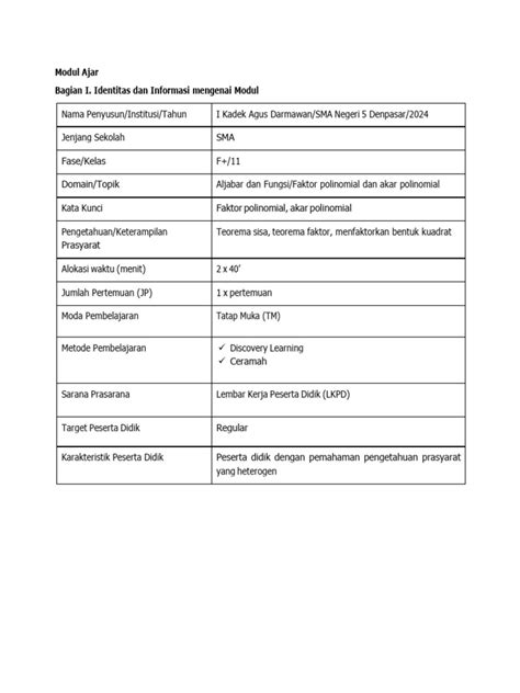 Modul Ajar Matematika Faktor Polinomial Akar Polinomial Fase F