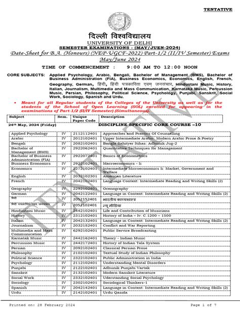 2nd sem date sheet pdf economics science