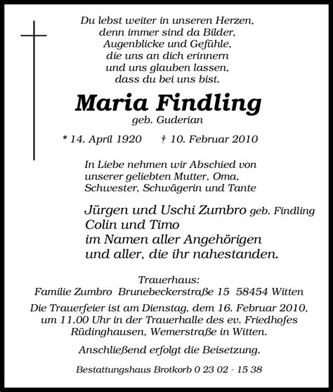 Traueranzeigen Von Maria Findling Trauer In Nrw De