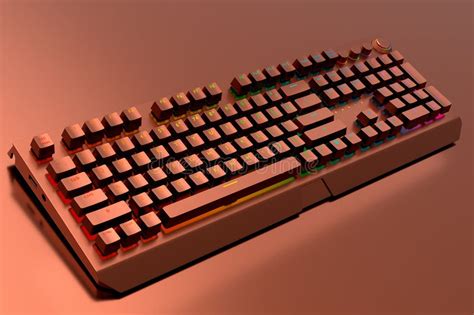 Realistic Computer Keyboard With Copper Chrome Texture Isolated On Red