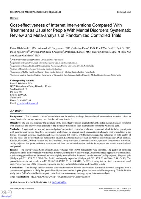 Pdf Cost Effectiveness Of Internet Interventions Compared To Treatment As Usual For People