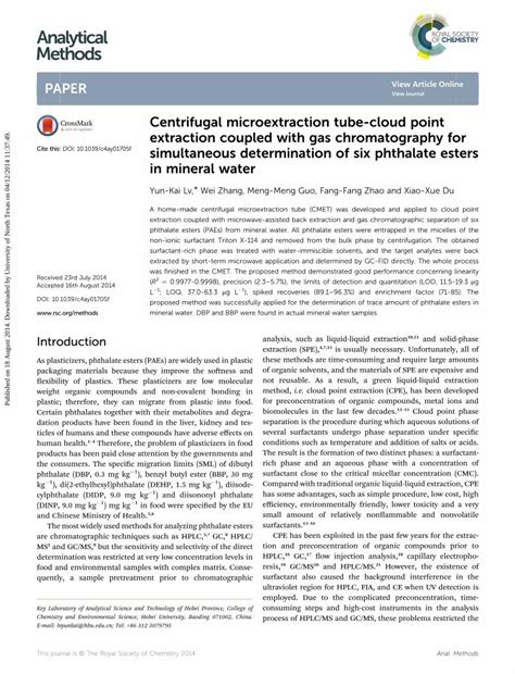 Pdf Centrifugal Microextraction Tube Cloud Point Extraction Coupled With Gas Chromatography