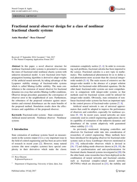 Pdf Fractional Neural Observer Design For A Class Of Nonlinear