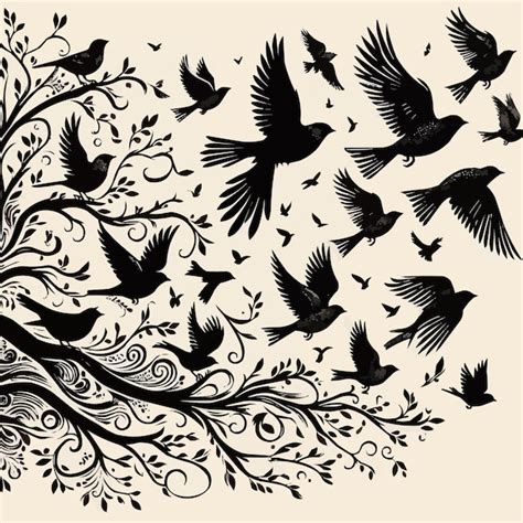 Premium Vector Vector Flock Of Flying Birds On Tree Branch