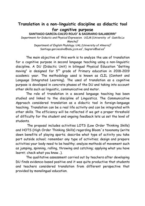 Pdf Translation In A Non Linguistic Discipline As Didactic Tool For Cognitive Purpose