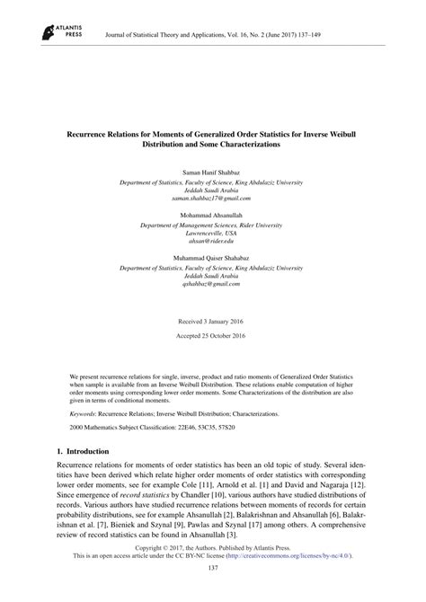 Pdf Recurrence Relations For Moments Of Generalized Order Statistics For Inverse Weibull