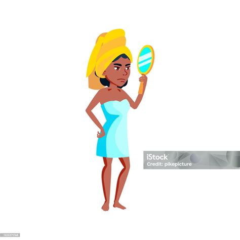 슬픔 여자 는 욕실 만화 벡터에 거울을 통해 여드름을 보고 거울에 대한 스톡 벡터 아트 및 기타 이미지 거울 교육 대학교