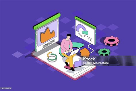 3d 아이소 메트릭 그래픽 디자인의 데이터 분석 웹 개념 아이소메트리 사람들은 분석 차트와 통계 그래프로 작업하는 사람과 함께