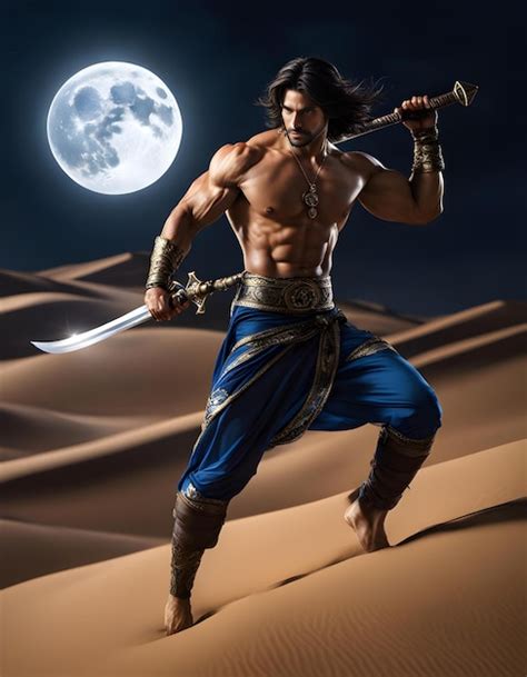 Premium Photo Desert Princes Windswept And Muscled Amidst Moonlit Dunes