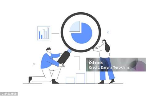 통계 분석 돋보기를 사용하여 데이터를 분석하는 캐릭터 다채로운 세그먼트가 있는 원형 다이어그램 통계 감사 연구 평면 만화 벡터 일러스트 레이 션 아이콘 스타일리시하고