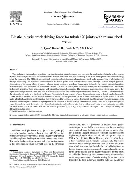 Pdf Elasticplastic Crack Driving Force For Tubular X Joints With Mismatched Welds