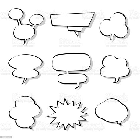 그림자와 빈 검은 색과 흰색 손 그리기 음성 거품 풍선의 컬렉션 세트 말하는 토크 텍스트 상자 배너를 생각 Brand Name Online Messaging Platform
